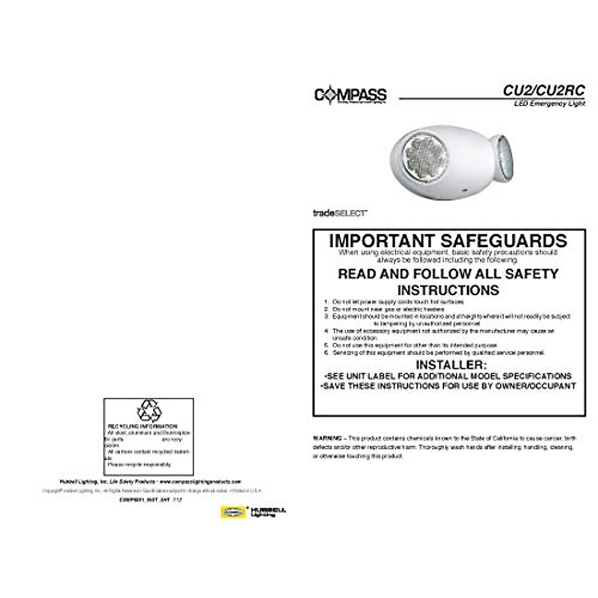 Compass CU2RC Hubbell Lighting LED 2 Head Emergency Light with Remote Capacity, White,Black