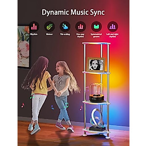 HOPEDAMAI Floor Lamp with Shelves Height Adjustable RGB Tall Lamp with Music Sync, Charging Stationl, Dimmable and Timing LED Corner Standing Lamp for Bedroom White 4-Tier