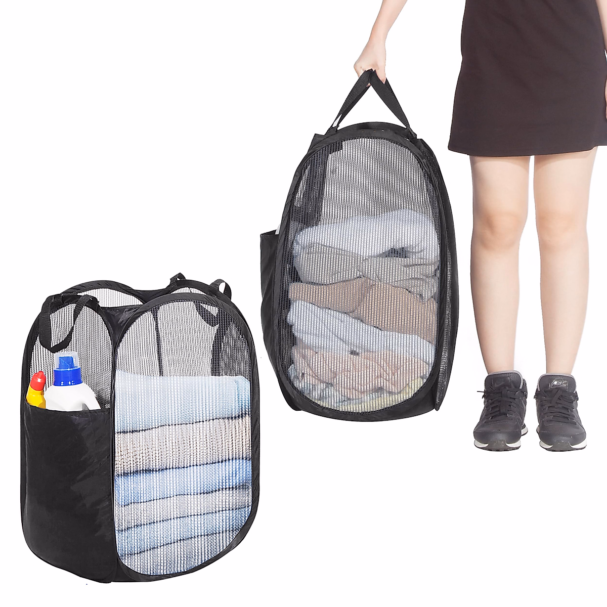 STORAGEIDEAS 2 Pcs Collapsible Mesh Pop Up Laundry Hamper, Space-Saving Foldable Laundry Basket With Side Pocket, Wide Opening Laundry bag for Laundry, Dorm, Bathroom & Travel, Black