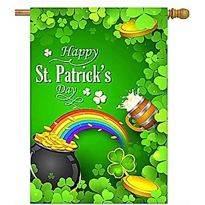 ShineSnow Happy St Patrick's Day Shamrock Spring Clover Lucky Rainbow Coin Pot House Flag 28" x 40" Double Sided Polyester Welcome Large Yard Garden Flag Banners for Patio Lawn Home Outdoor Decor