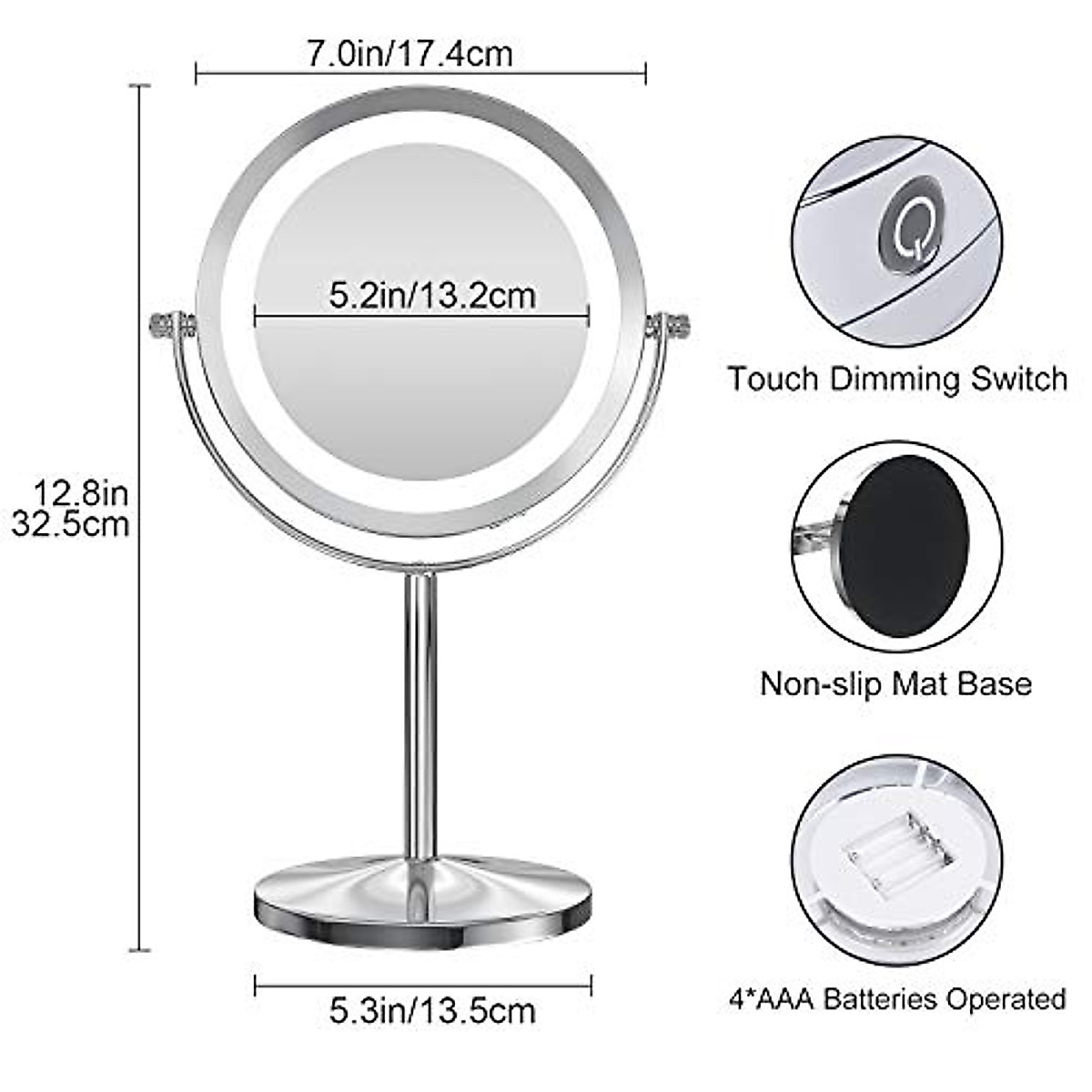 Gospire LED Makeup Mirror 1x/10x Magnifying with Touch Screen Adjustable LED Light, 7" Lighted Vanity Swivel Mirror Double Sided Cosmetic Mirror (Silver-Dimmable Switch)