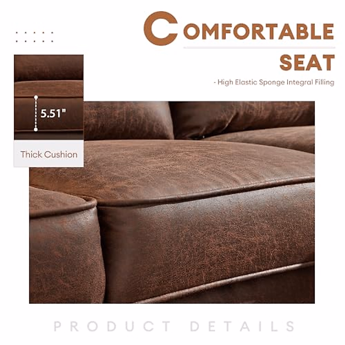 Weaxty 81.55" Sofa Couch, L Shaped Faux Leather Sectional with Chaise Suede Fabric Couch Sofas with Comfortable Cushions for Small Space Living Room Apartment, Right Chaise Dark Brown