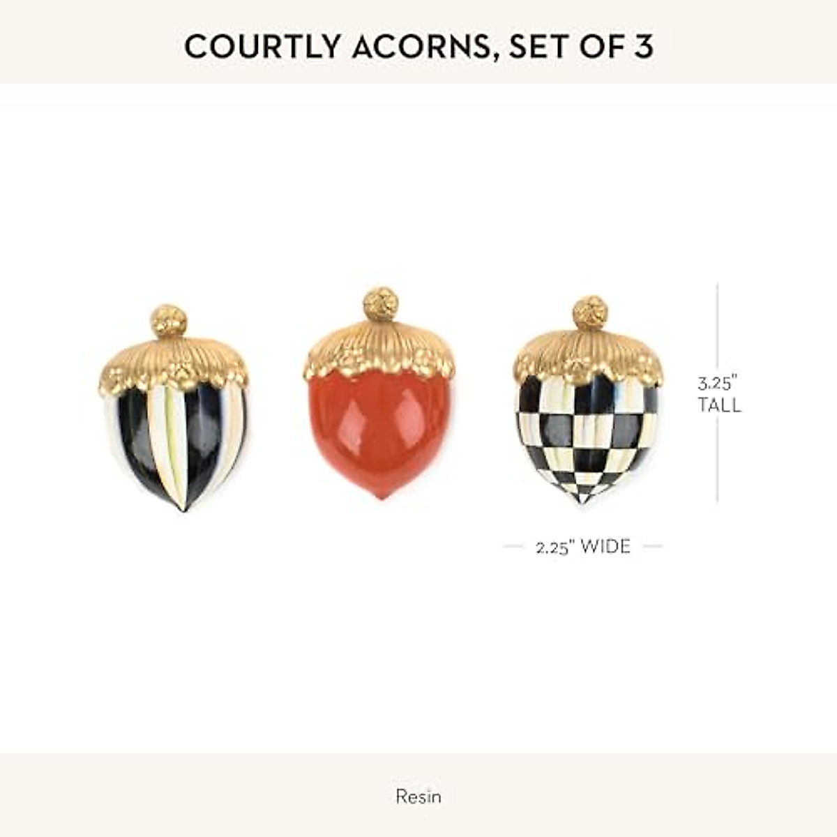 MACKENZIE-CHILDS Decorative Acorns, Resin Acorn Fall Decor for Kitchen and Home, Set of 3, Black-and-White Courtly