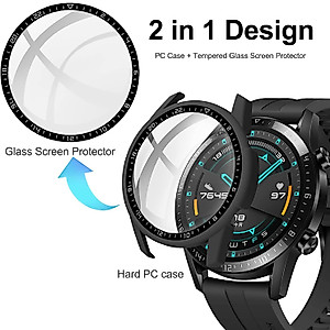 Acadeny [2-Pack] Case with Tempered Glass Screen Protector Compatible for Huawei Watch GT2 46mm, 9H Hardness 360° All-Round Protective Ultra Thin Protective PC Case Cover for - Black Black