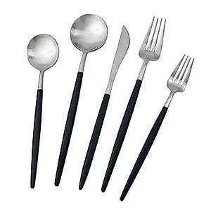 Gugrida Black Silver Flatware, Royal 5 Piece Matte Black Handle 18/10 Stainless Steel Tableware Sets for 1 Including Forks Spoons Knives, Camping Silverware Travel Utensils Set Cutlery Black/Silver
