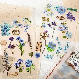 2 Sheets Vintage Rub on Transfer Flower Leaves Stickers 2 Sheet Linen, Clear Rub on Transfer Floral Stickers Decals for Wood Crafts Wine Glass Fabric Scrapbooking Furniture Journaling Cloth(Blue)