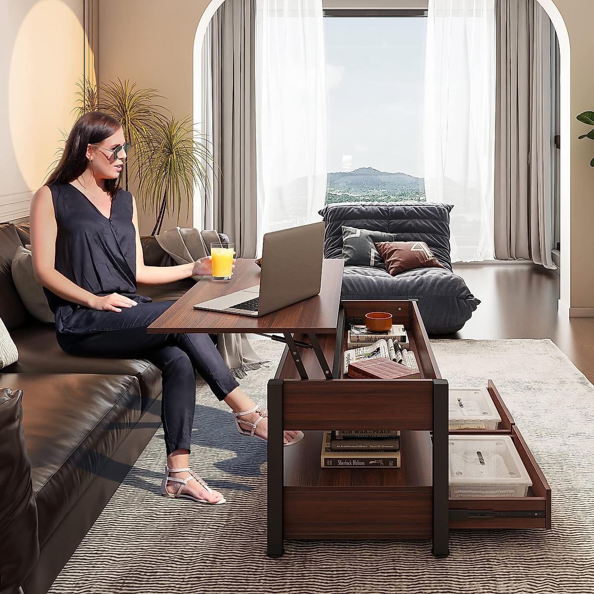 Osfvolr Lift Top Coffee Table, Coffee Table with Storage Drawers and Adjustable Metal Legs, Vintage Wood Living Room Tables with Hidden Compartment and Open Shelf, Espresso