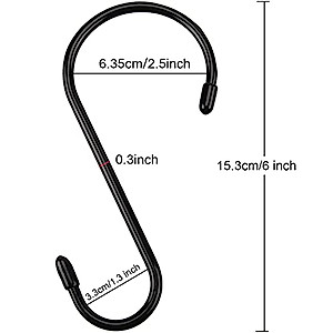 12 Pack 6 Inch S Hook, Large Vinyl Coated S Hooks with Rubber Stopper Non Slip Heavy Duty S Hook, Steel Metal Black Rubber Coated Closet S Hooks for Hanging Jeans Plants Jewelry Pot Pan Cups Towels