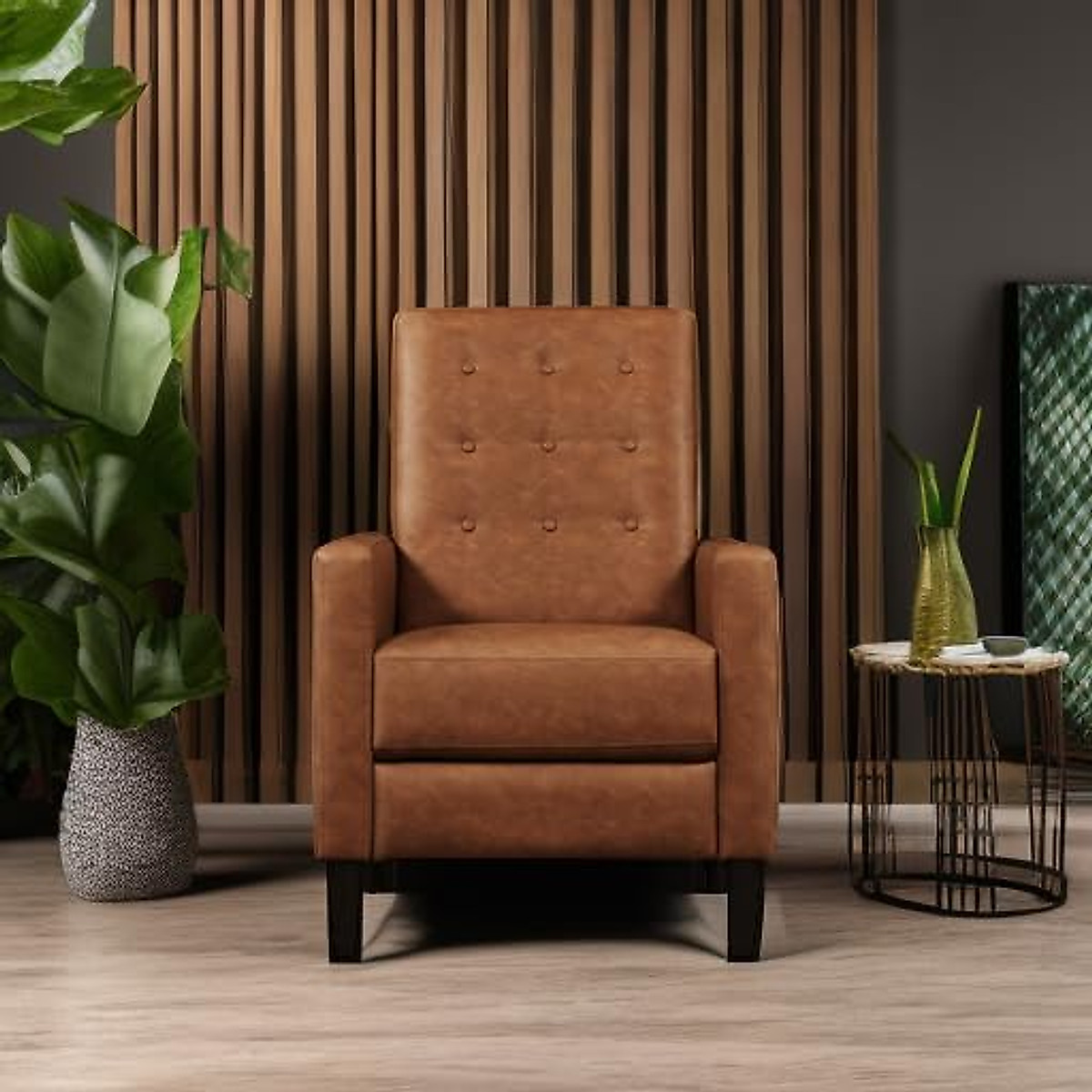 Yaheetech Faux Leather Recliner Sofa Mid-Century Modern Single Reclining Chair Adjustable Back & Footrest Tufted Upholstered Sofa with Pocket Spring Living Room Bedroom Home Theater Brown