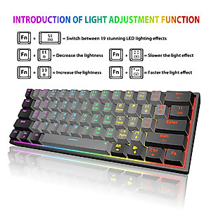 Snpurdiri 60 Percent Machanical Keyboard Red Switches, 60% Mini Gaming Keyboard Rainbow Backlit, Full Anti-Ghosting Compact Gaming Keyboard for PC Gamer Office Business (Black-Grey, Red Switches)