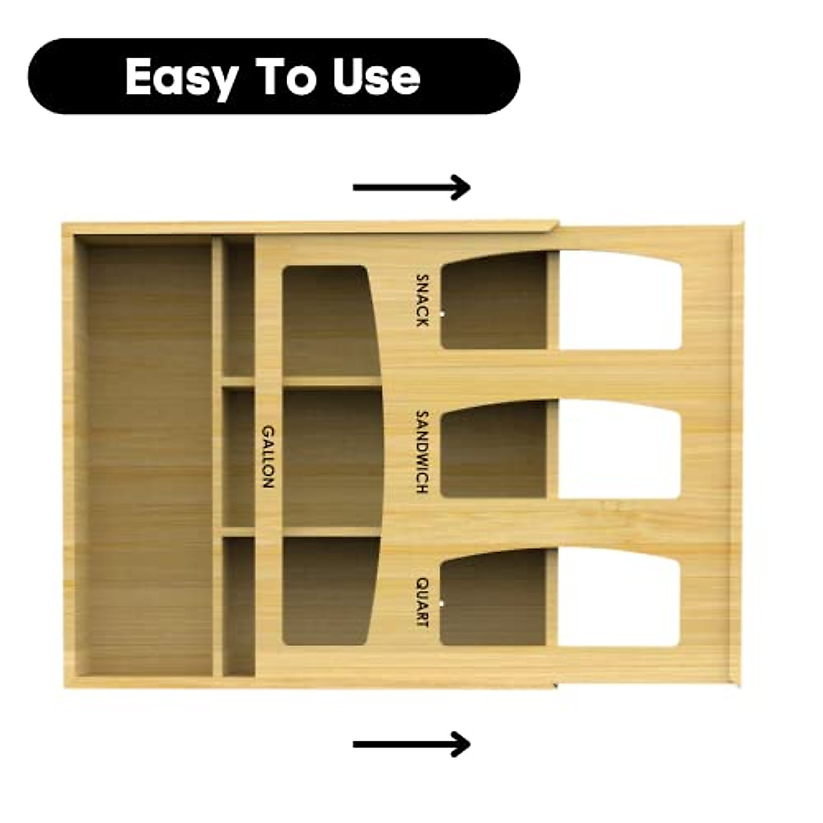 Ninjur Bamboo Ziploc Bag Storage Organizer & Dispenser for Kitchen Drawer – Food Baggie Organization Holder with Slider - Compatible with Gallon, Quart, Sandwich and Snack Plastic Bags