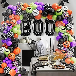 Wecepar Halloween Balloon Garland Arch kit with Halloween Spider Web Boo Foil Balloons Spider Balloons Black Orange Purple Fruit Green Confetti Balloons for Halloween Day Party Decorations Backdrops