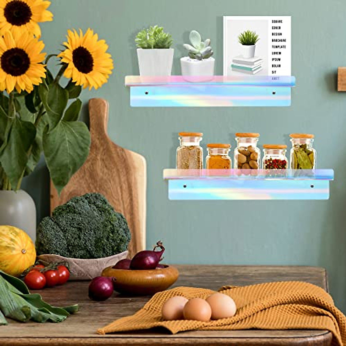 Yerliker 8 Pieces Acrylic Floating Shelves Set Adhesive Wall Display Shelf Pop Hanging for Space Save Room Bedroom Living Bathroom (Colorful)