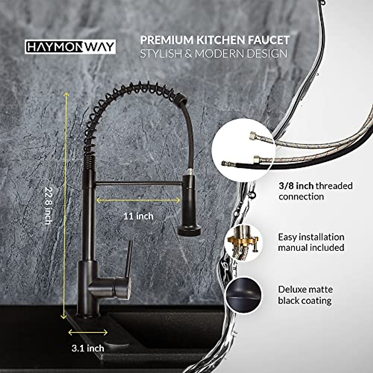 Haymonway Black Kitchen Faucet - Stainless Steel Kitchen Faucets with Pull Down Sprayer - 2 Functions & 360 Degree Kitchen Sink Faucet - Faucet for Kitchen Sink - 1 or 3 Hole Dual Function