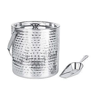 BirdRock Home Ice Bucket with Scoop & Lid - 2.8 Liter Hammered 18/8 Stainless Steel Container for Bar - Double Wall Insulated Bucket with Carrying Handle - Great for Parties - (Silver)