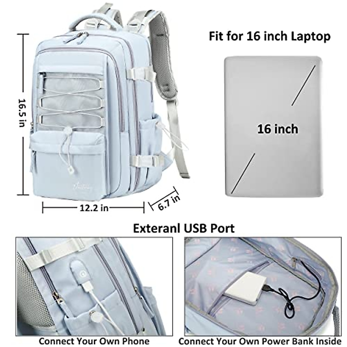 Travel Backpack for Women Men 15.6 Inch Laptop Backpacks with USB Port Carry on Bag Airline Approved Large College School Bookbags Waterproof Work Business Sport Rucksack Casual Daypack (Blue)