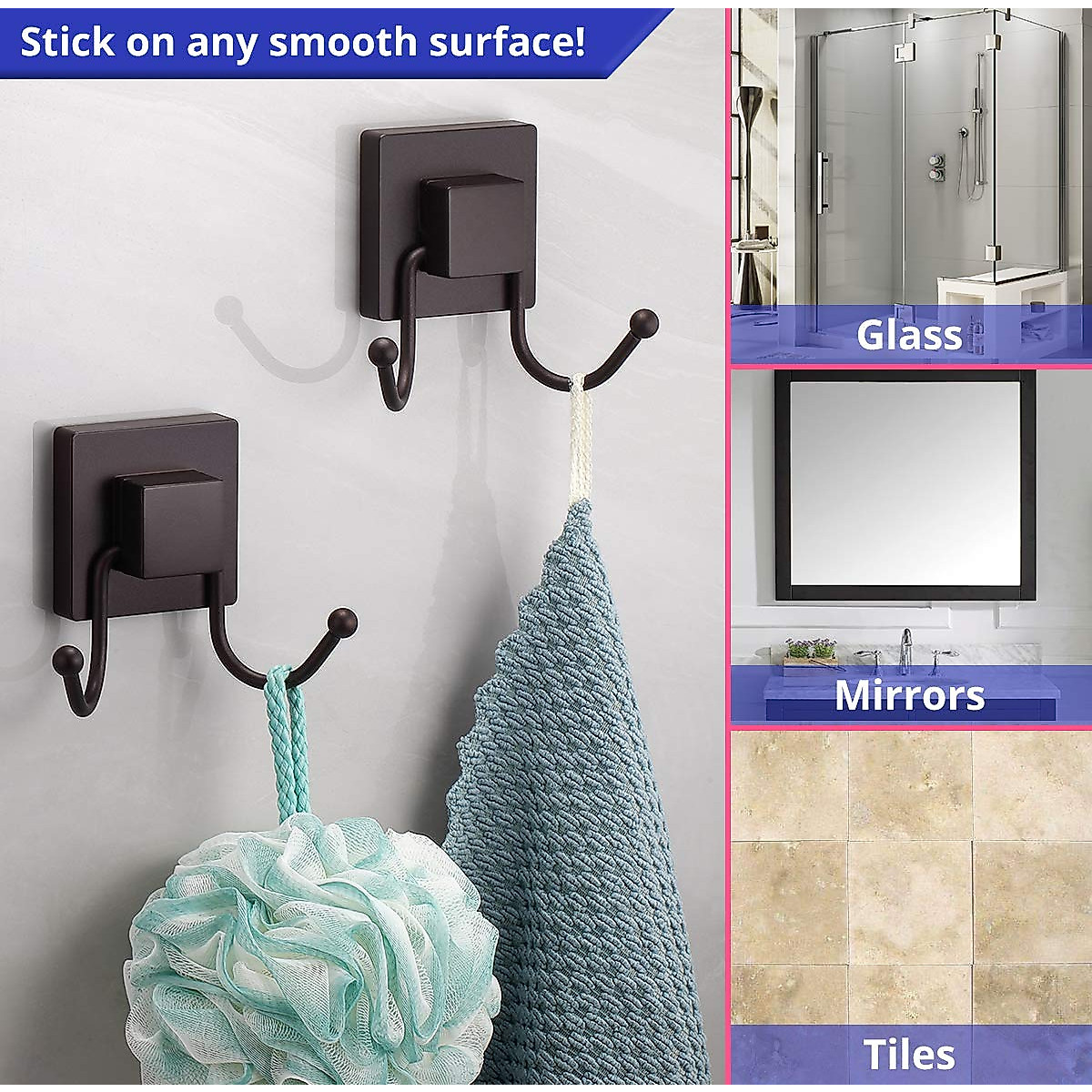 HOME SO Suction Cup Hooks for Shower, Bathroom, Kitchen, Glass Door, Mirror, Tile – Loofah, Towel, Bath Robe Removable Hook Holder – Prisma Collection, Stainless Steel Bronze (2-Pack)…