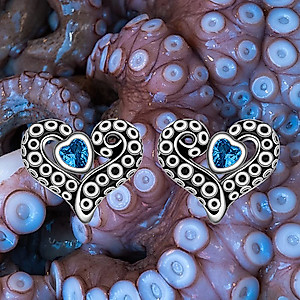 Tentacle Earrings for Women Sterling Silver Blue Heart Cubic Zirconia Ocean Black Octopus Tenticles Earrings Studs Gifts for Her