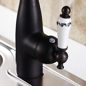 Easikc Antique High Arch Spout Ceramics Kitchen Faucet 360 Degree Rotation Full Copper Vintage Hot and Cold Water Taps Single Handle Single Hole Basin Mixer Faucet