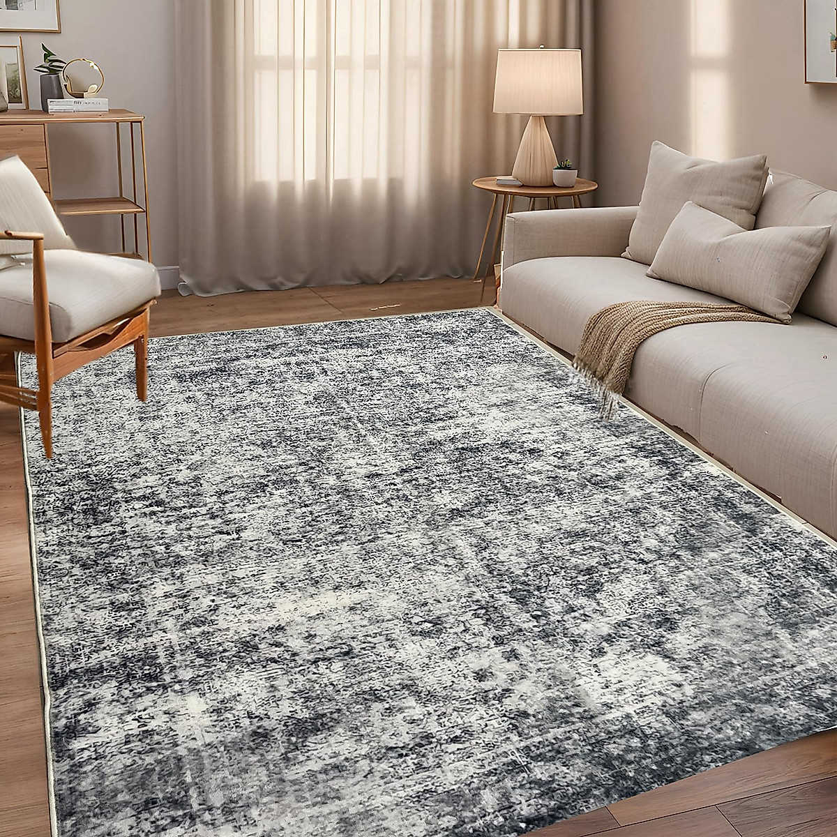 Area Rug 5x7 Washable Throw Rugs with Rubber Backing Stain Resistant Non-Slip Waterproof Foldable Thin Grey Rug Retro Carpet for Living Room Office Bedroom Bedside (C03, 5'x7')