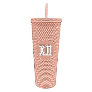 Sororiy Shop Chi Omega Studded Tumbler with Straw - 24 Oz Tumbler with Lid and Straw, Matte Coral, Reusable Plastic Cup with Screen Printed Greek Letters for Water, Ice Coffee or Any Drink
