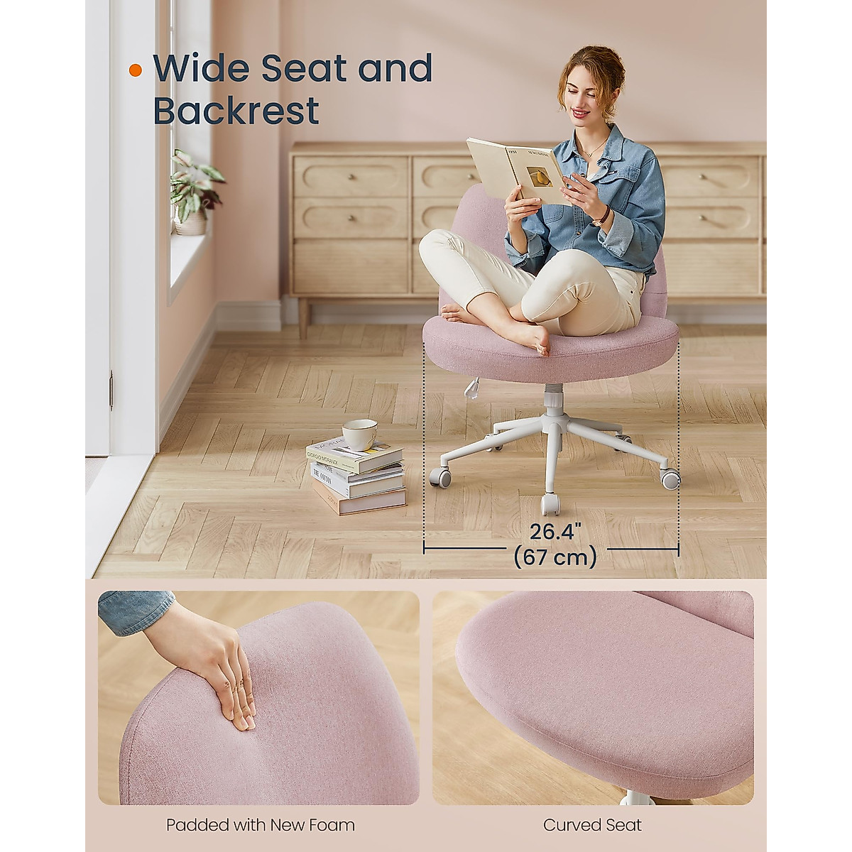 SONGMICS HOME Criss Cross Chair with Wheels, Armless Cross Legged Office Desk Chair, Wide Comfortable Adjustable Swivel Vanity Chair for Home Office, Cotton-Linen Fabric, Jelly Pink UOBG047R03