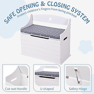 GAOMON Wooden Toy Box White Kids Toy Chest with Safety Hinged Lid Large Storage Cabinet with Cushion Seat Bench Toy Storage Organizer Gift for Girls and Boys