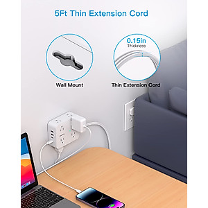 Surge Protector Power Strip, Extension Cord with Multiple Outlets, 5 Ft Ultra Thin Flat Plug 8 Outlets 4 USB Ports(2USB C),1080J Multi Plug Outlet Extender for Home Office College Dorm Room Essentials
