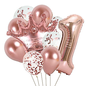 KUNGOON 1st Birthday Balloon,Rose Gold Number 1 Mylar Balloon,Funny Sweet 1st Birthday Crown Aluminum Foil Balloon Decoration for baby girl.