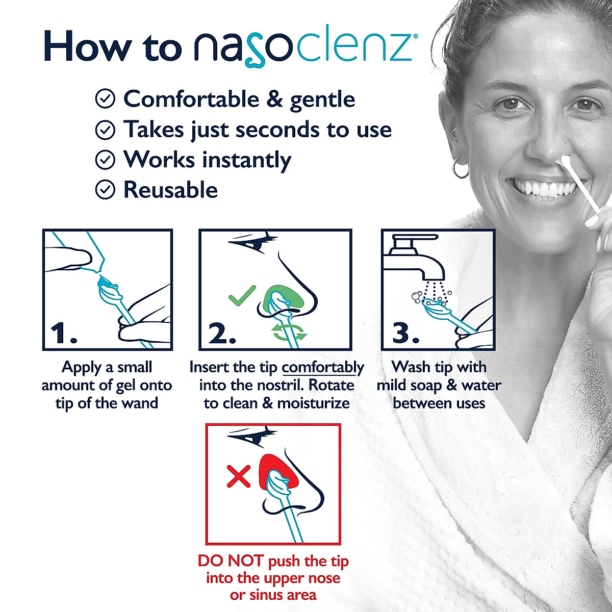 NasoClenz Nasal Cleansing Kit – Gentle, Washable Wand & Antiseptic Gel, Nose Cleaner reduces germs & Nasal Moisturizer for Fast Dry Nose & Allergy Relief (Unscented 4 Count, up to 50 uses)