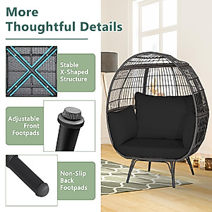 MAT EXPERT Oversized Egg Chair, Wicker Patio Basket Circle Lounge Chair w/Metal Stand & 4 Thick Cushions, PE Rattan Egg Lounger Outdoor Indoor for Backyard, Balcony, Living Room (Black)