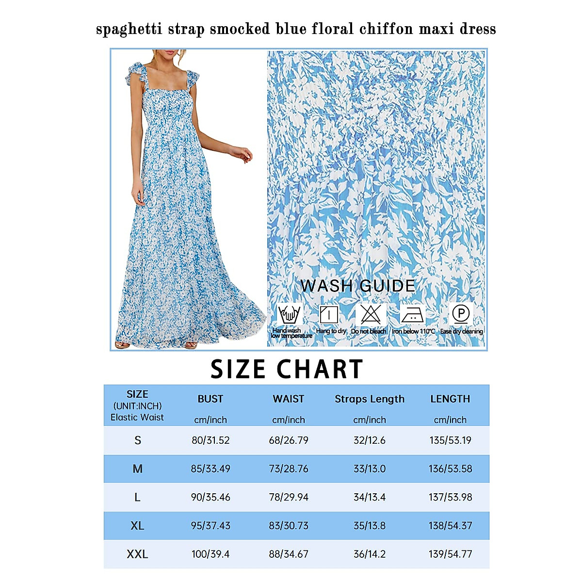 MERMAID'S CLOSET Womens Straps Blue Floral Print Smocked Maxi Dress Boho Casual Chiffon Flowy Beach Long Dresses