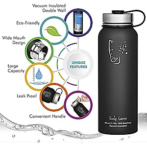 Swig Savvy Sports Water Bottle, Vacuum Insulated Stainless steel, Double Wall Wide Mouth Leakproof Lid - 40oz (Black)