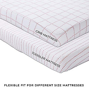 Petit Dreams Crib Sheet Jersey Knit Cotton for Baby Girl Fits Standard Size Crib Mattresses, Dotted Stripes & Grid Lines, (Pack of 2)