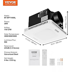 VEVOR Bathroom Exhaust Fan, 110 CFM High-Efficiency Ventilation, 1.5sones Low Noise Operation All-Copper Motor, Remote Control, Energy-Saving Bathroom Ceiling Fan For Various Ceilings