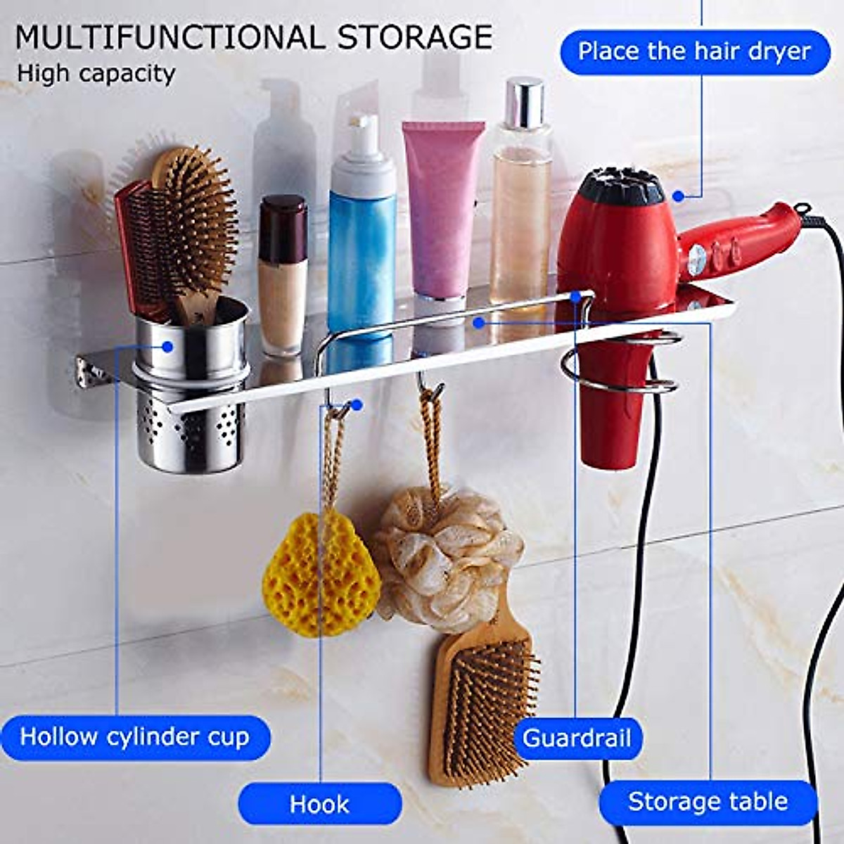 Stainless Steel Multifunctional Hair Dryer Rack with Storage Cup Wall Mounted Hair Dryer Storage Organizer Rack Holder Hanger for Bathroom Salon Stylist Tool Silver