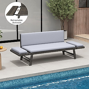 Tangkula Outdoor Convertible Sofa Daybed with Adjustable Armrests, PE Rattan Patio Couch Furniture with Thick Cushions, for Porch, Balcony, Backyard, Poolside (Gray)