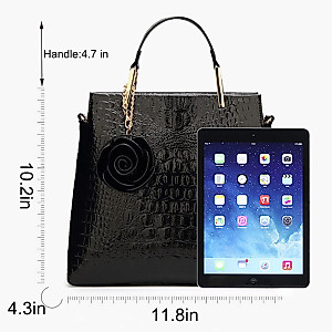 XingChen Shiny Patent Leather Women Handbag Crocodile Pattern Shoulder Bag Flower Pendant Top Handle Tote Satchel Purse Brown