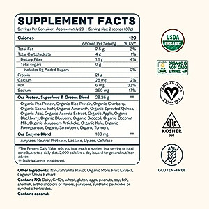 Ora Organic Vegan Protein Powder - 21g Plant Based Protein Powder for Women and Men | Keto Friendly, Gluten Free, Paleo, Dairy-Free, Gluten-Free, Soy-Free - Vanilla Flavor, 20 Servings