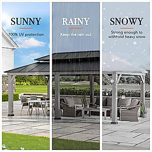 SUNJOY 12 x 20 ft. Wood Gazebo, Outdoor Patio Aluminum Hardtop Gazebo, Cedar Framed Wooden Gazebo with 2-Tier Roof, Suitable for Patios, Lawn and Backyard, Matte Black Roof + Gray Wood Frame