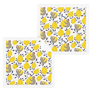 ALAZA Cute Sloths Yellow Lemons Towels Cotton Washcloths Set, Soft Absorbent Quick Dry Face Cloths, Multi-Purpose Fingertip Towels for Bathroom,Hotel,Travel,12'' x 12'' (2 Pack)