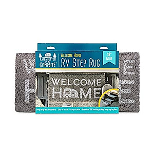 Camco 53196 Life is Better at The Campsite RV Wrap Around Step Rug, Fits 18-inch Wide Steps - for Manual and Electric RV Steps - Features a Gray Mat with a White Welcome Home Retro RV Print
