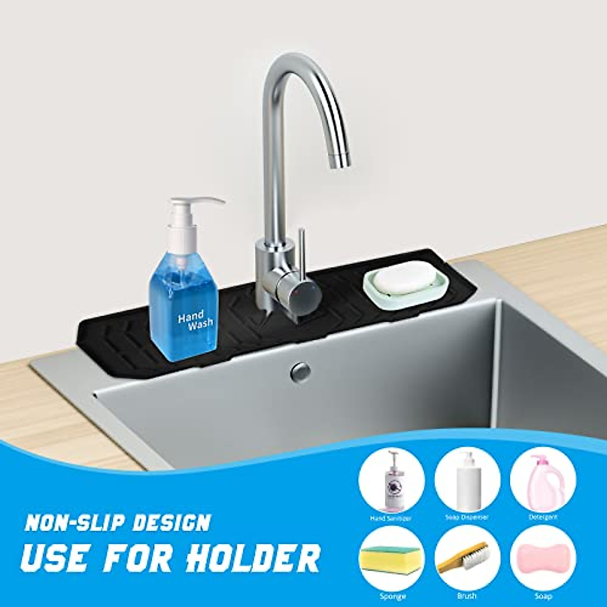 DIVIVID Silicone Faucet Handle Drip Catcher Tray, Faucet Mat for Kitchen Sink Splash Guard Behind Faucet for or Bathroom Farmhouse Bar Countertop RV(Black), 14.6x5.9x0.2