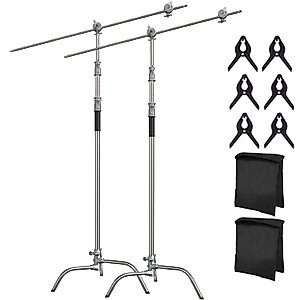Photography C Stand with Boom Arm: 100% Stainless Steel - Takerers BS11 Heavy Duty Max Height 10.5ft/131inch Light Stands (2 Pack) with 4.2ft/50inch Holding Arm, 2 Grip Head, 2 Sandbag