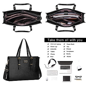 MOSISO Laptop Bag for Women Compatible with MacBook Air 15 inch M2 A2941 2023/Pro 16 inch M3 M2 M1 2023-2019, Crocodile Grain Waterproof PU Leather Large Capacity Work Travel Case, Black