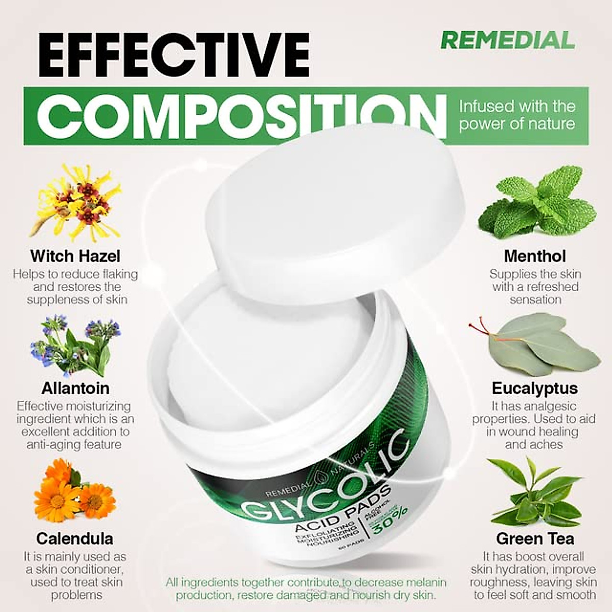 Glycolic Acid Resurfacing Pads for Face and Body - 30% Exfoliating Facial Peel - Vitamins B5 C E, Green Tea - Glycolic Acid Face Wash – 60 Pre-Moistened Cotton Pads for Face Cleansing and Peeling