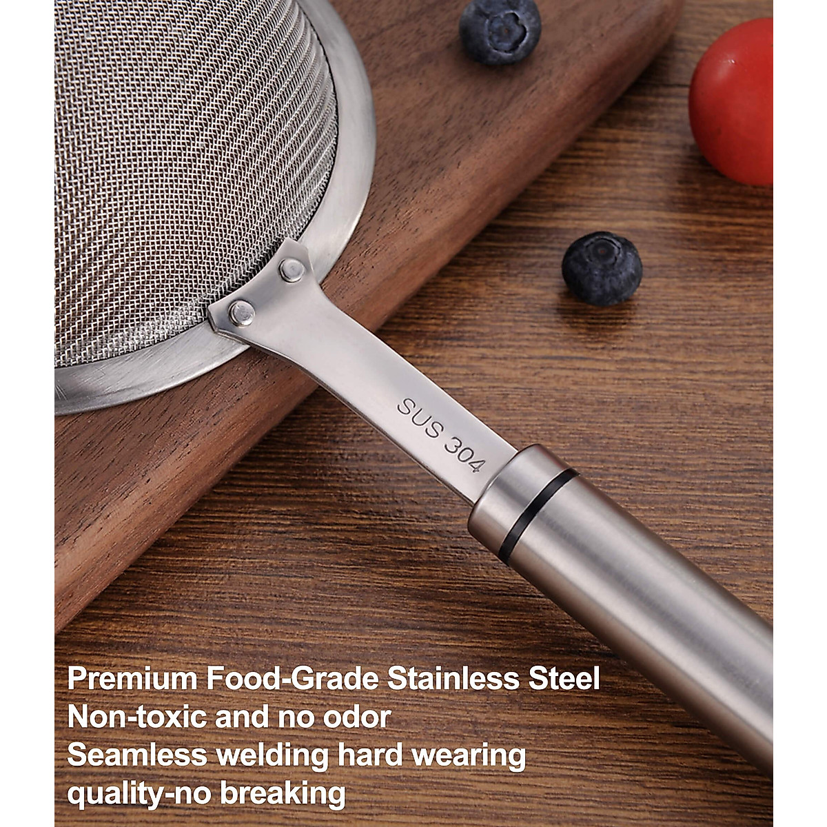 Adjaso 3.3inch 304 Stainless Steel Fine Mesh Strainer for Kitchen, Colander-Skimmer with Handle, Metal Sieves Sifters