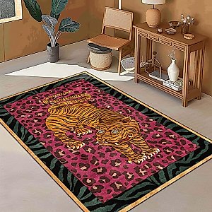Boho Pink Tiger Rug 5x8 ft Leopard Print Rug Animal Print Area Rug for Bedroom Yellow Tiger Carpet for Living Room Non-Slip Washable Tiger Carpet