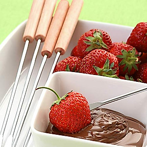 Set of 6 Stainless Steel Fondue Forks Wood Handle Heat Resistant 9.5 Inches - for Chocolate Fountain Cheese Fondue by Sago Brothers
