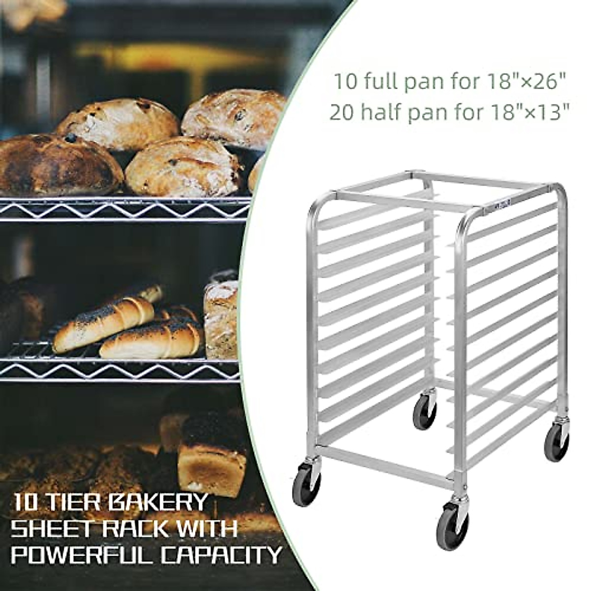 HALLY SINKS & TABLES H Bun Pan Rack 10 Tier with Wheels, Commercial Bakery Racking of Aluminum for Full & Half Sheet - Kitchen, Restaurant, Cafeteria, Pizzeria, Hotel and Home, 26" L x 20" W x 38" H
